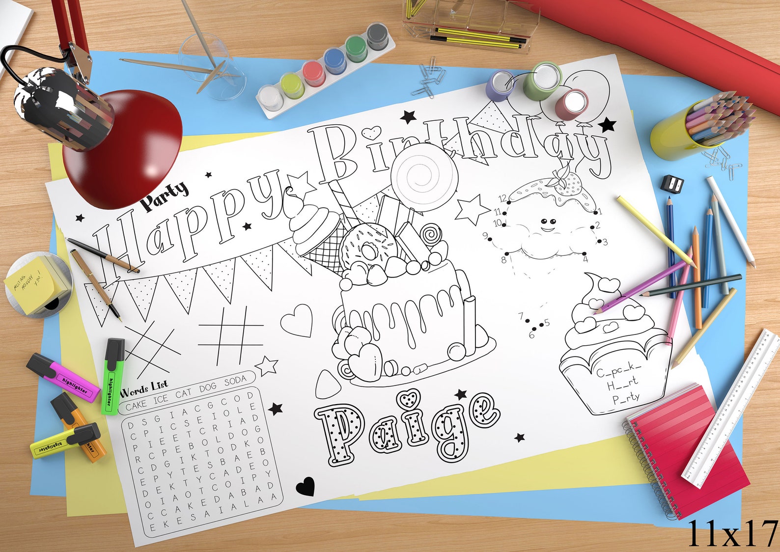 Kids Birthday Placemat, Cake and Ice Cream Coloring Mat, Template ...