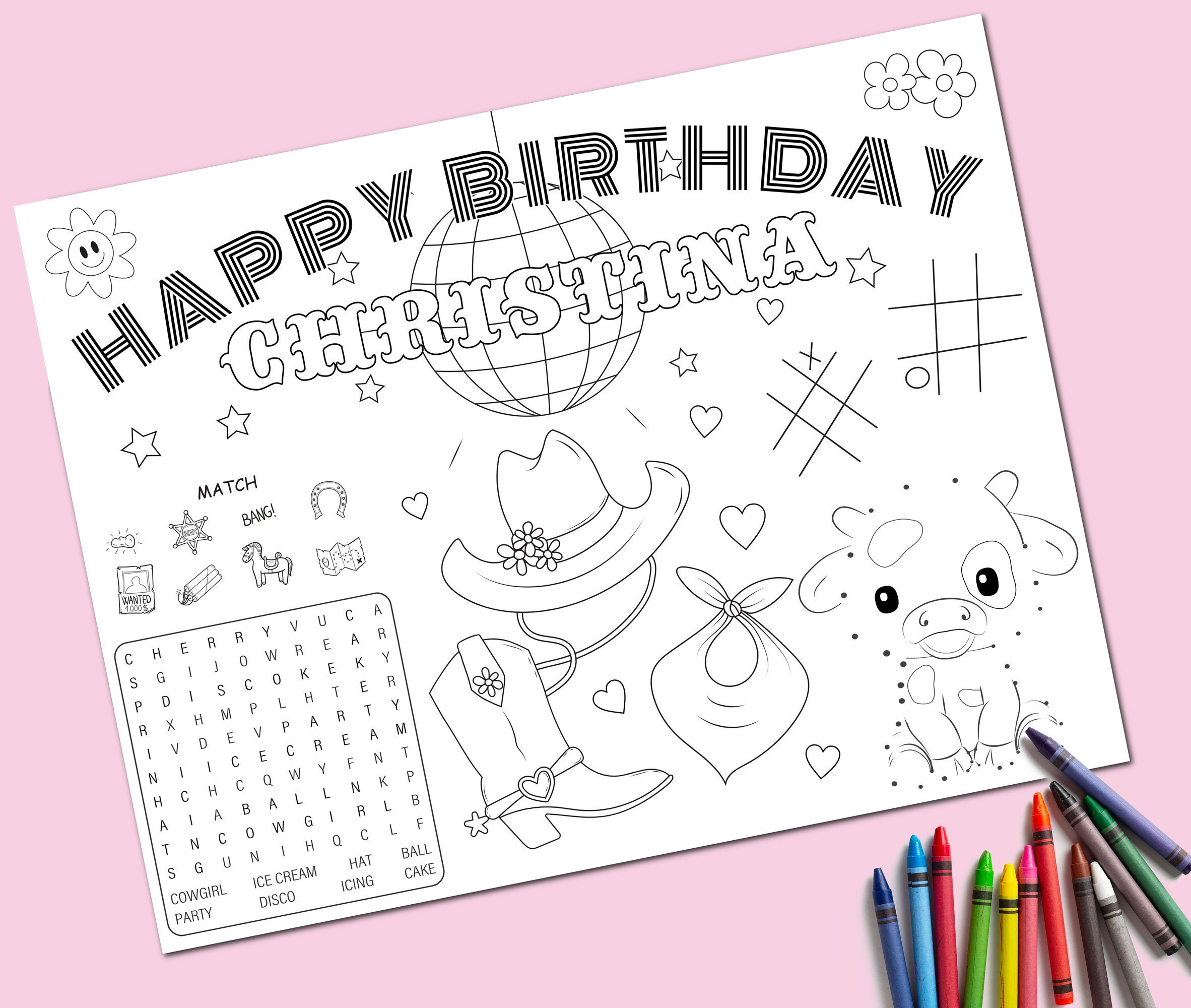 Disco Cowgirl Birthday Placemat Sheet, Template, INSTANT DOWNLOAD ...