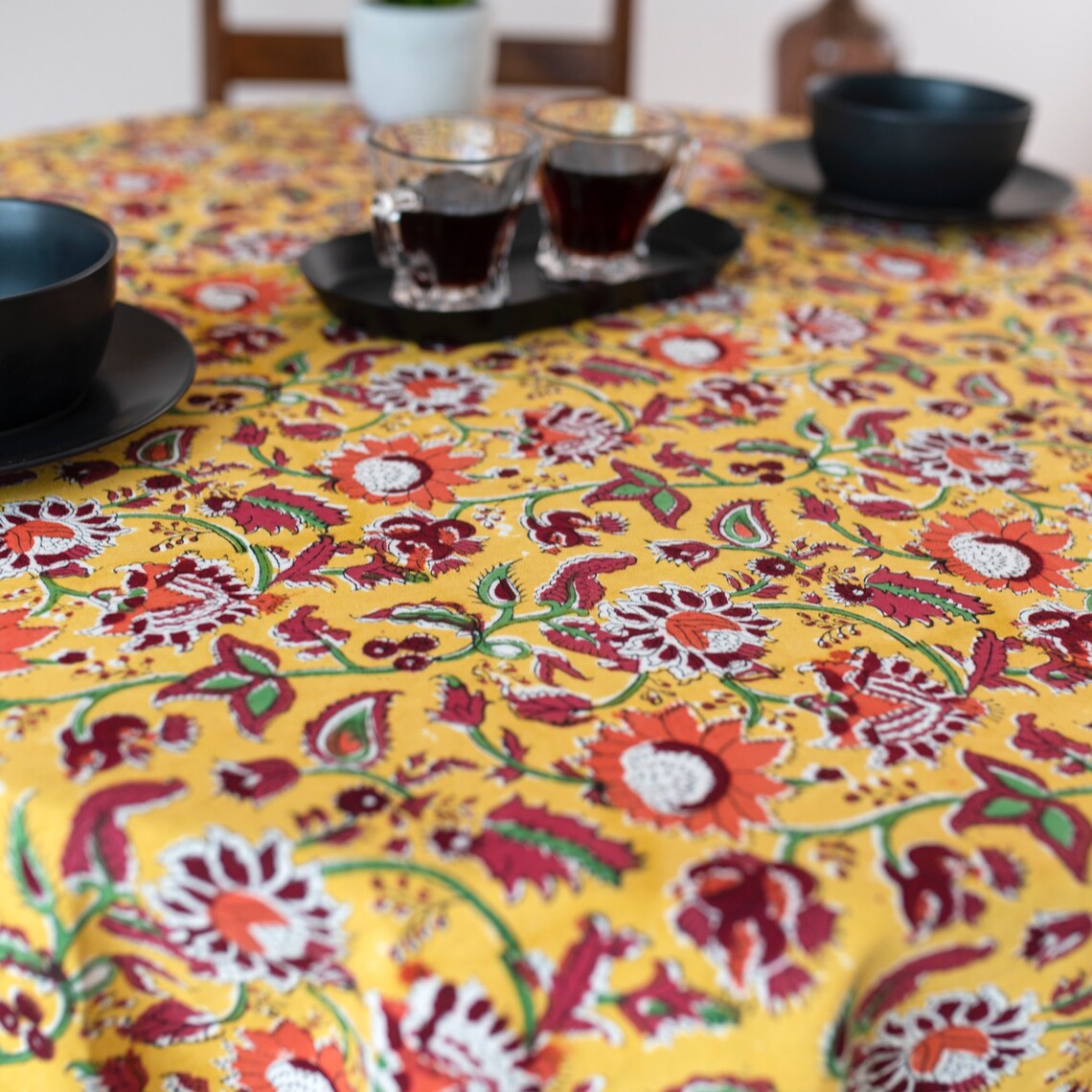Gold Dust Floral Round Tablecloth, Indian Block Printed Round Table ...