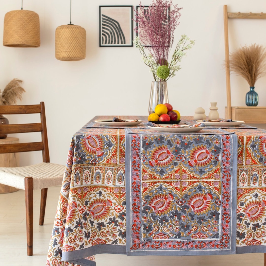 Indian Block Print Tablecloth, Cotton Floral Table Cover, French ...
