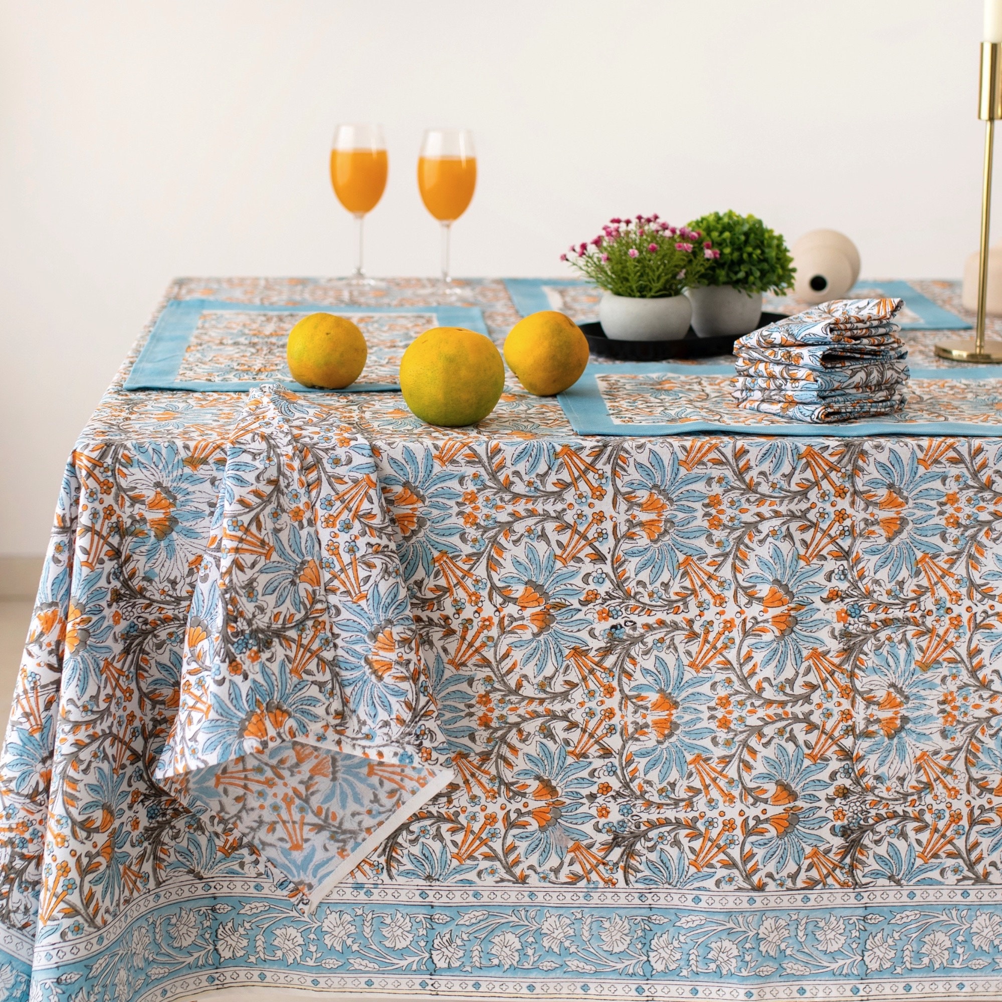 Carolina Blue,apricot Orange, White Floral Indian Block Printed Cotton ...