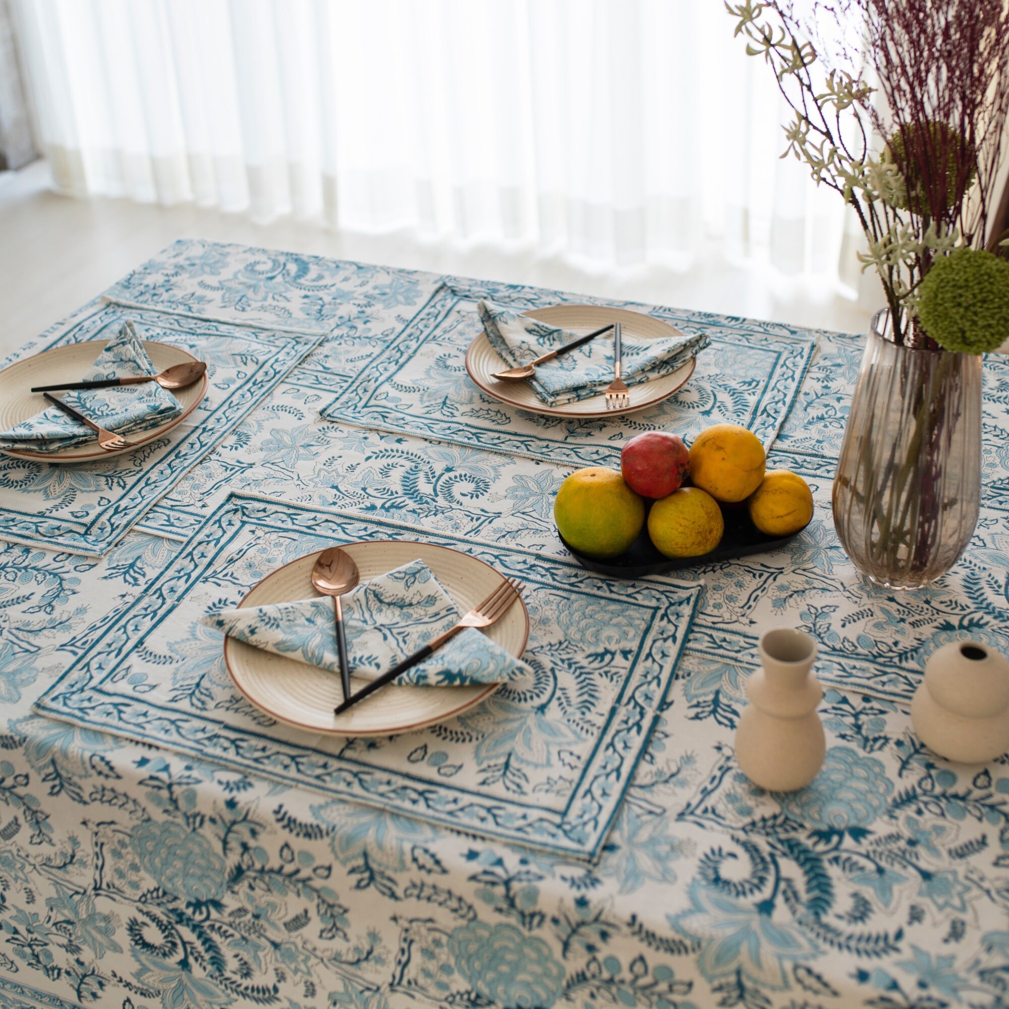 Light Sky Blue White Indian Block Printed Tablecloth Cotton - Etsy