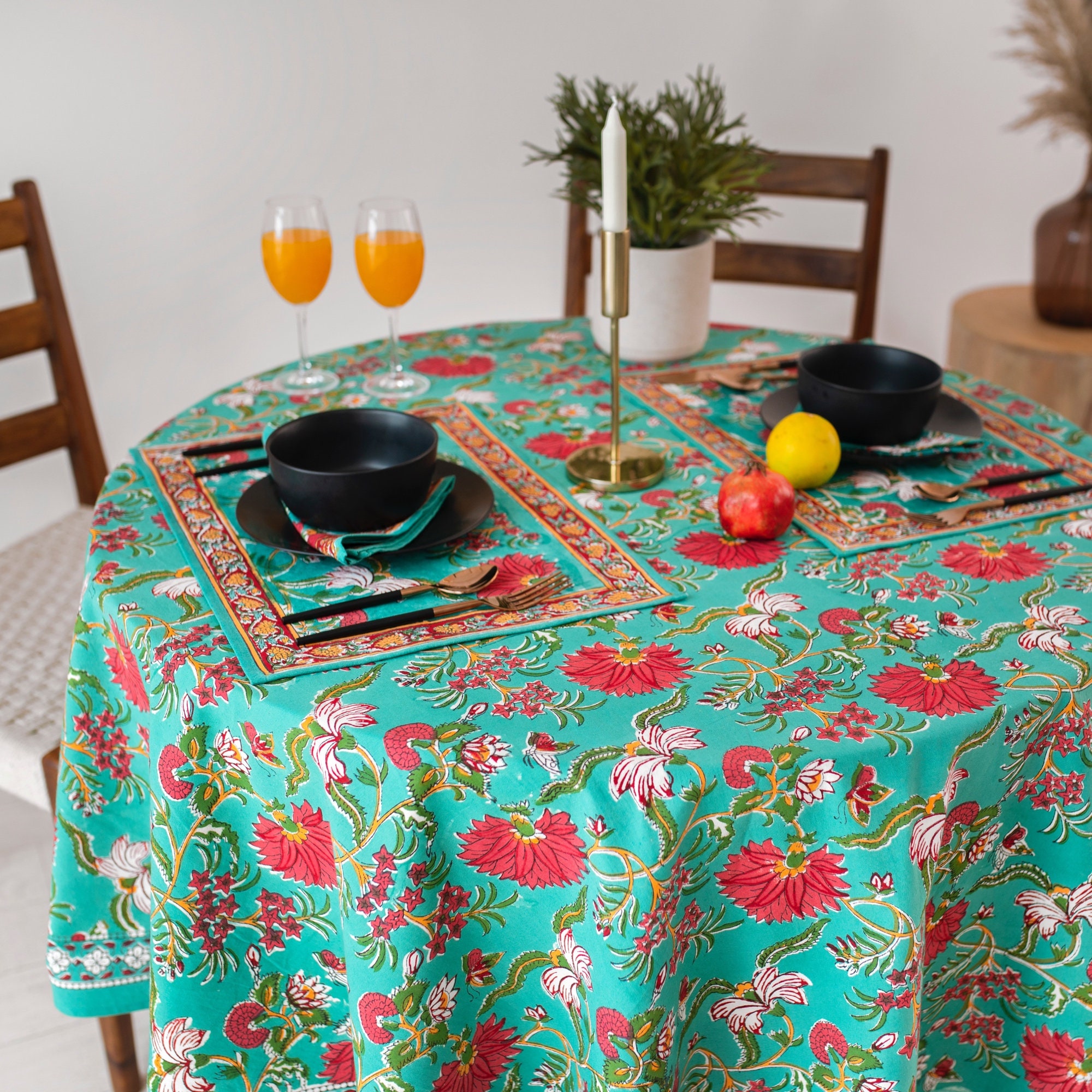 Block Printed Round Tablecloth, Cotton Floral Round Tablecloth ...