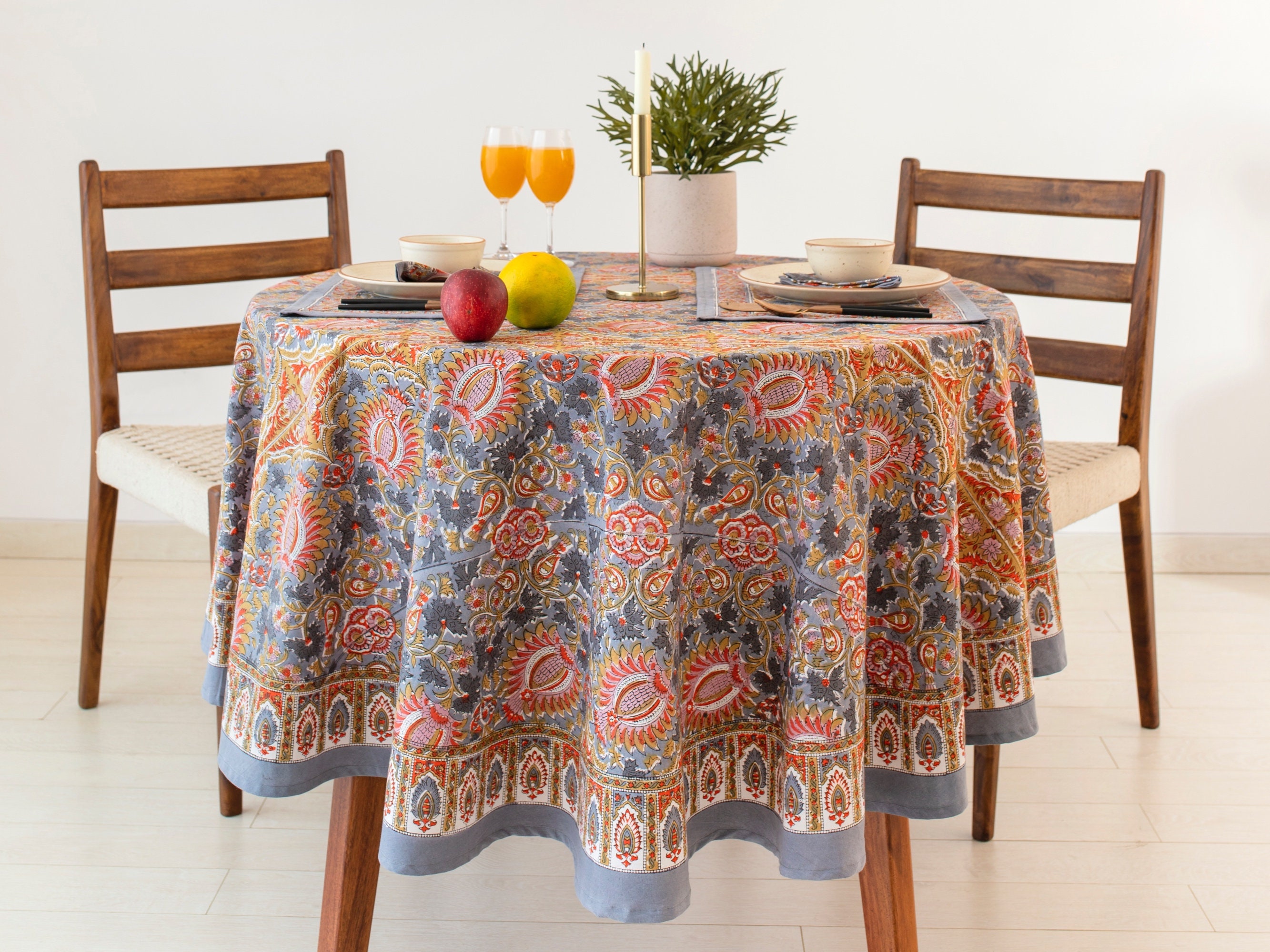 Grey Block Printed Round Tablecloth 90 Inch Tablecloth - Etsy