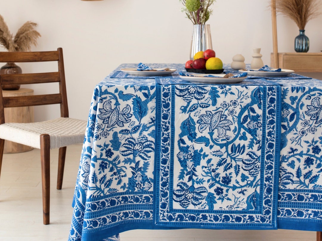 Blue Block Print Tablecloth, Floral Tablecloth, Rectangle Tablecloth ...