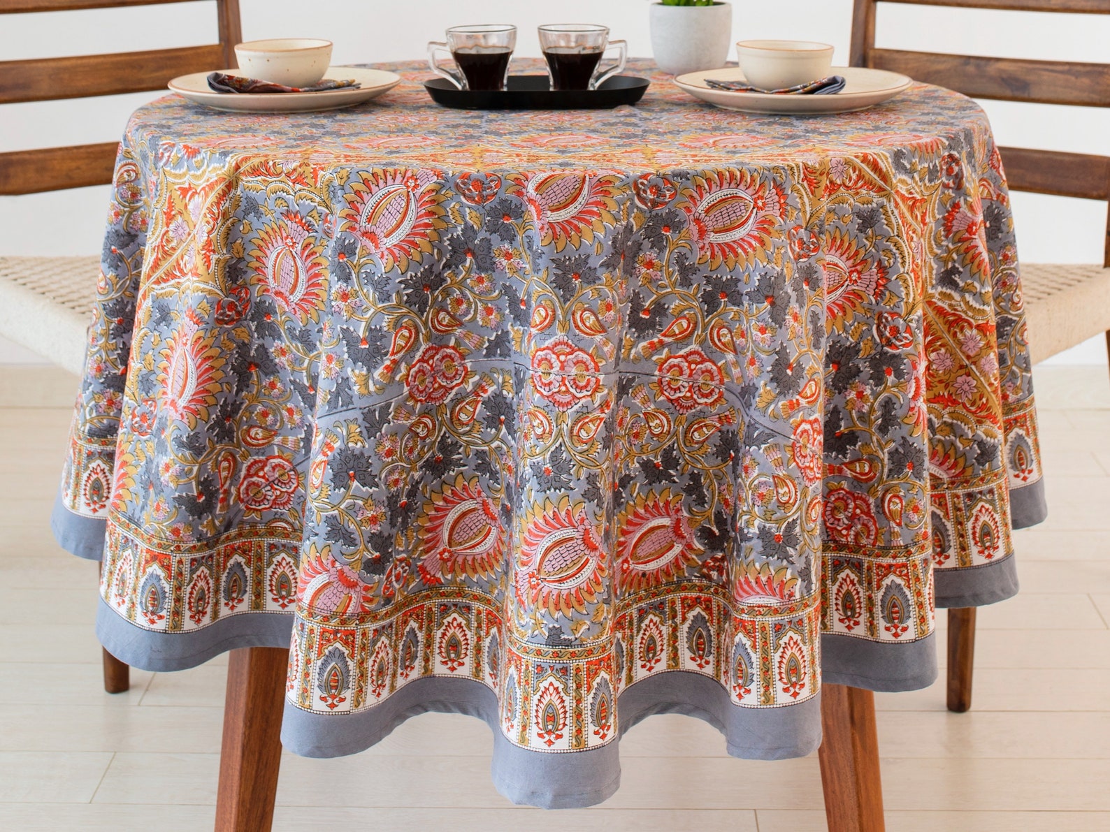 Grey Block Printed Round Tablecloth 90 Inch Tablecloth - Etsy