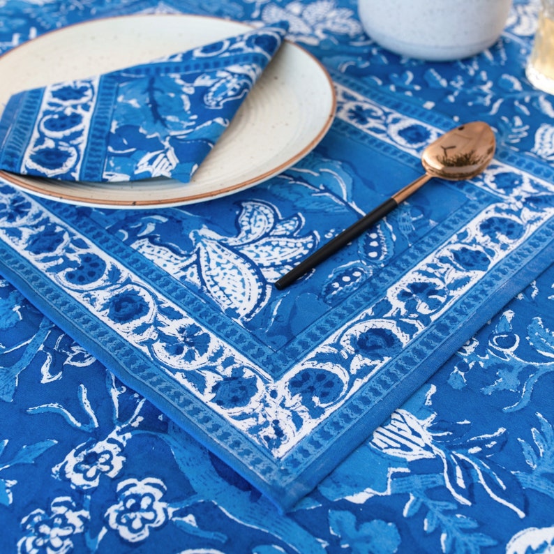 Royal Blue Handmade Block Printed Tablecloth, Printed Table Cover Linen ...