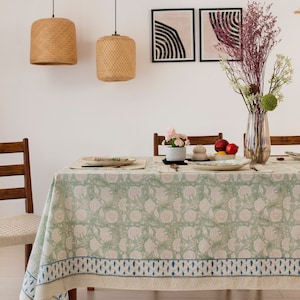 Sage Green Floral Tablecloth, Block Printed Tablecloth, Cotton Table ...