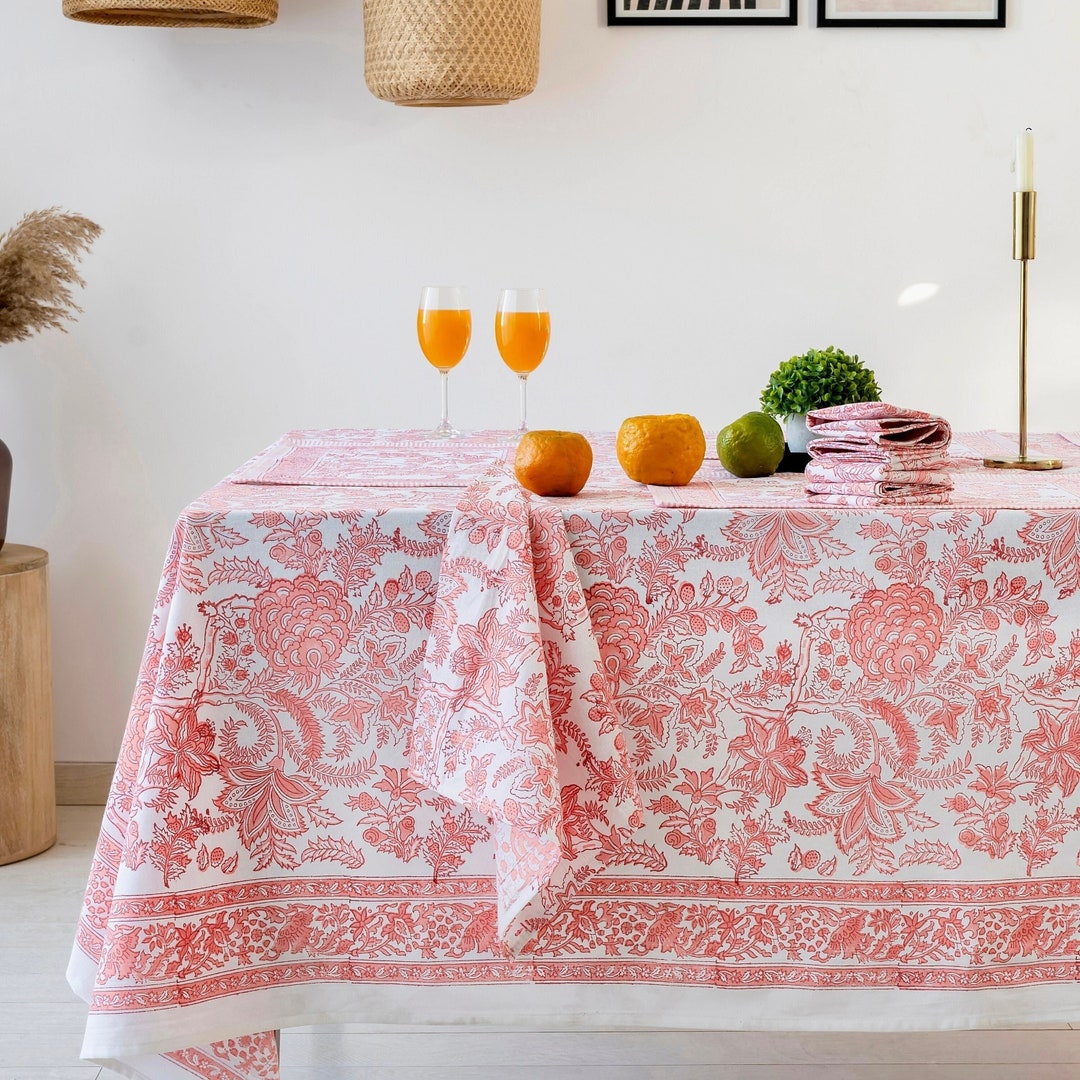 White and Pink Floral Tablecloth, Block Printed Tablecloth, Cotton ...
