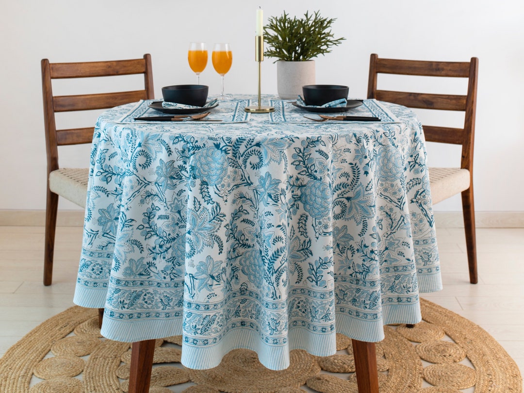 Teal Blue, White Round Table Cover, Indian Block Printed Tablecloth ...