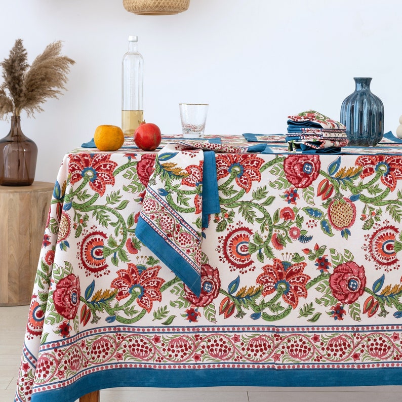 Prune Red, White, Peacock Blue Indian Hand Block Printed Floral ...