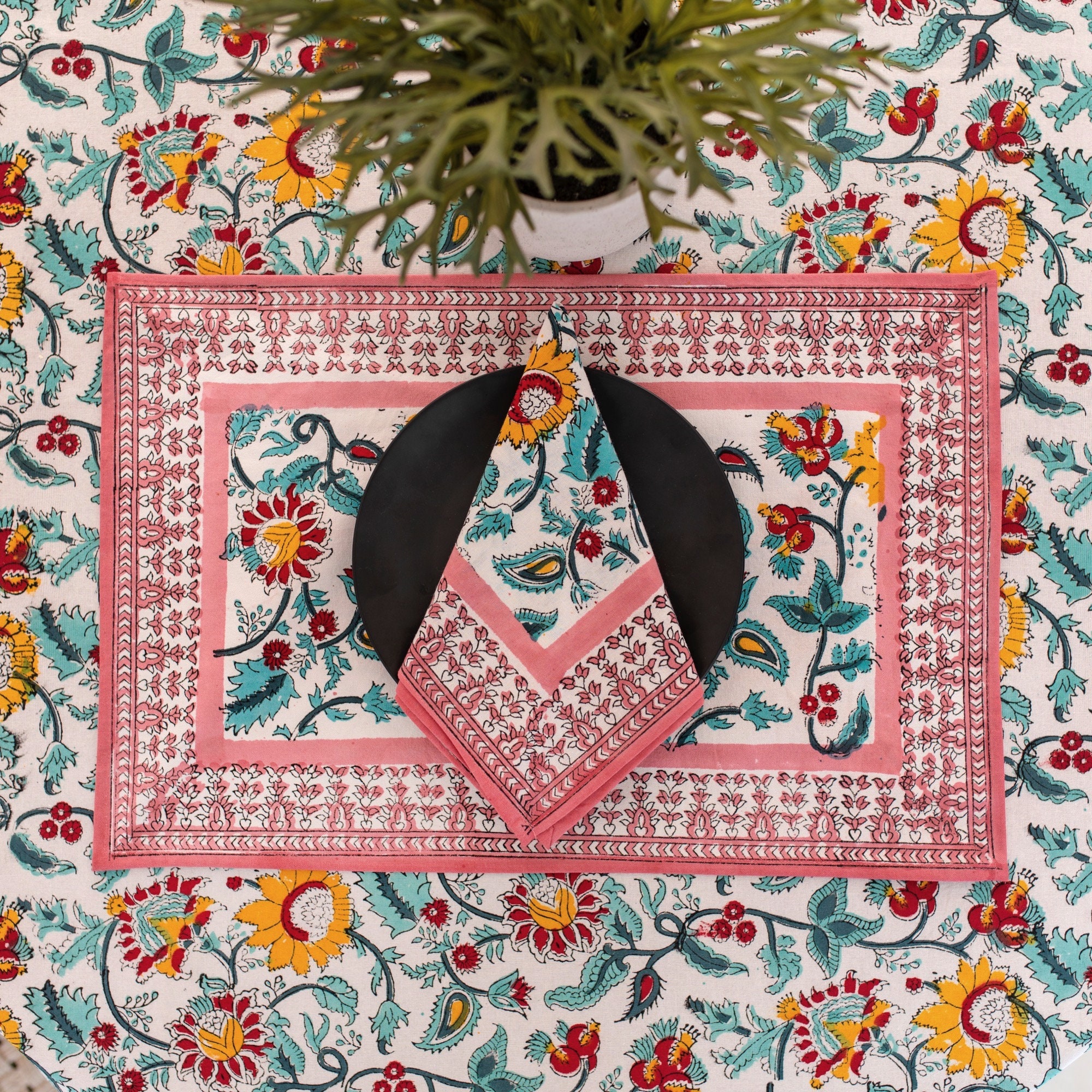 Block Printed Round Tablecloth, Floral Cotton Table Cover, Circle ...