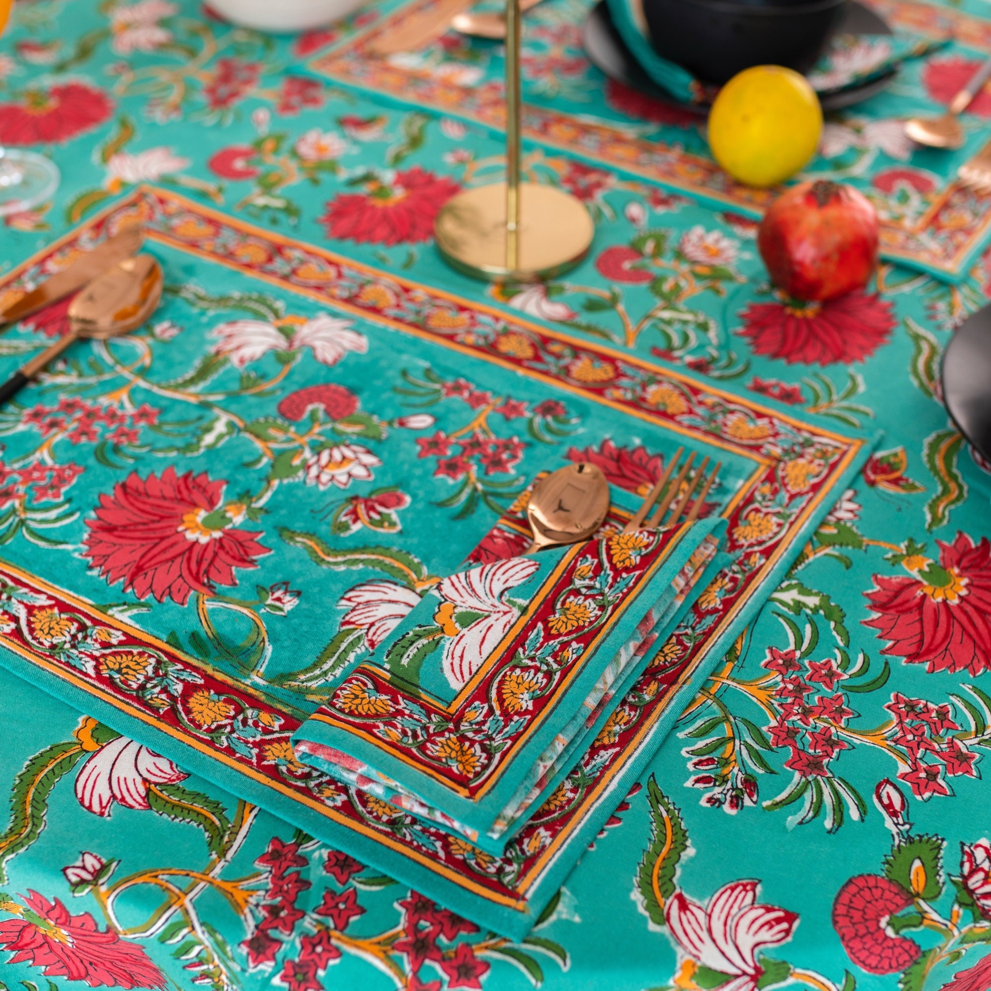 Block Printed Round Tablecloth, Cotton Floral Round Tablecloth ...