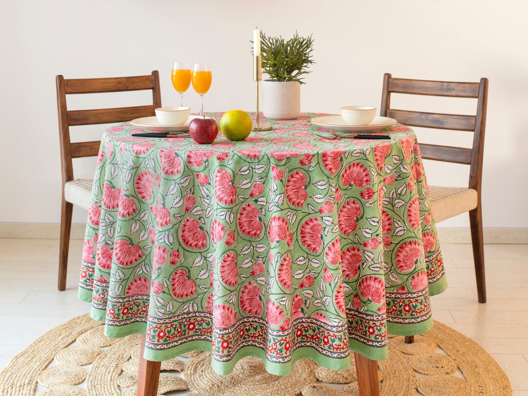 Pear Green and Pink Lotus Floral Block Printed Tablecloth With Boarder ...