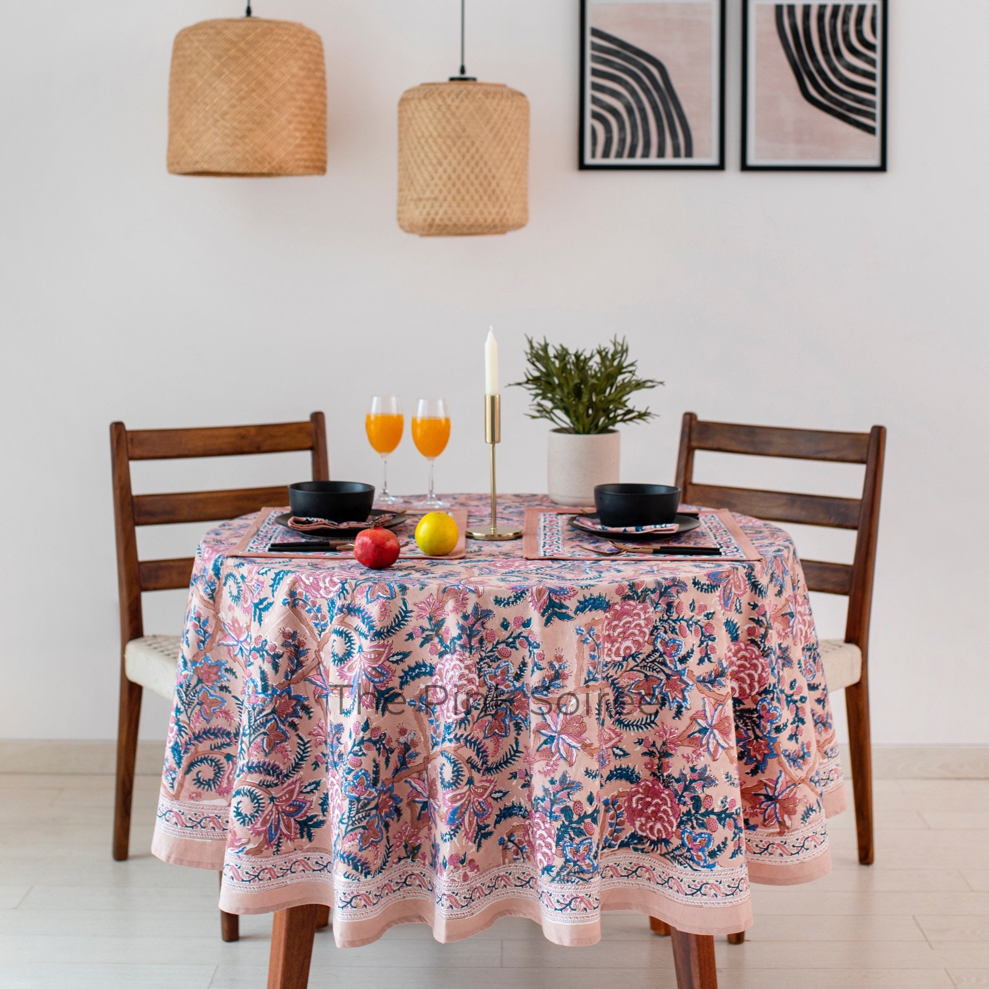 Pink Floral Round Tablecloth, Indian Block Print Tablecloth, Cotton ...