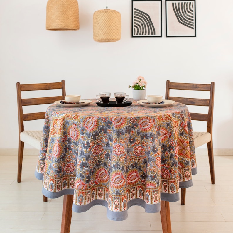Grey Block Printed Round Tablecloth 90 Inch Tablecloth - Etsy