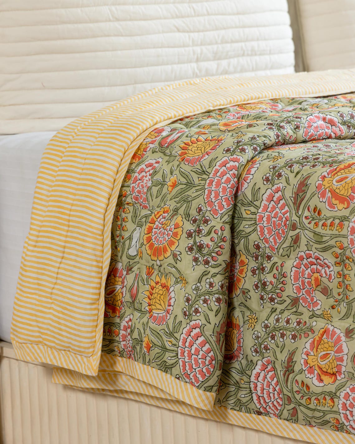 Hand Block Print Cotton Quilt: Burnt Orange Marigold Floral, Reversible ...