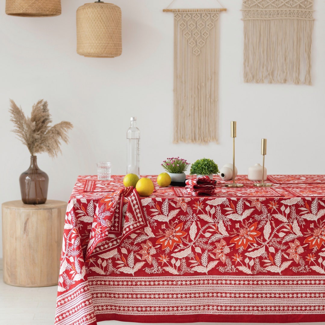 Scarlet Red Floral Indian Block Printed Tablecloth, Cotton Table Cover Runner Mats Napkins Set ...