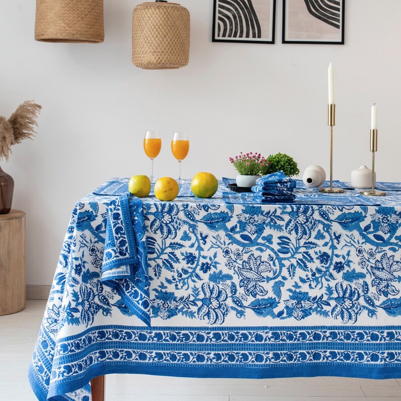 Blue Block Print Tablecloth, Floral Tablecloth, Rectangle Tablecloth ...