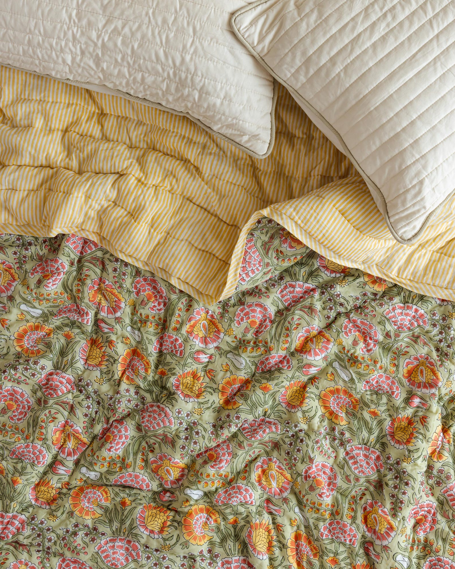 Hand Block Print Cotton Quilt: Burnt Orange Marigold Floral, Reversible ...