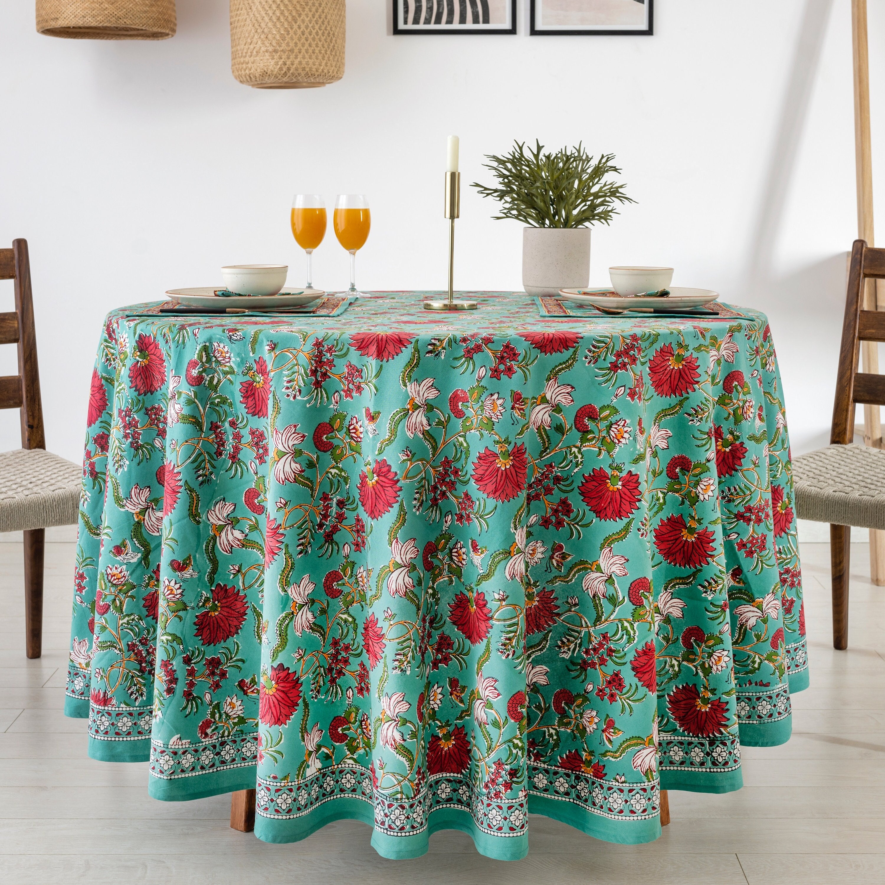 Block Printed Round Tablecloth, Cotton Floral Round Tablecloth ...