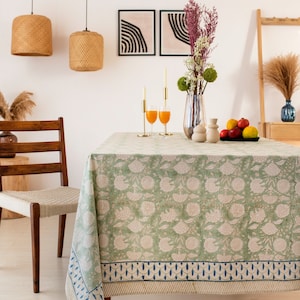 Sage Green Floral Tablecloth, Block Printed Tablecloth, Cotton Table ...