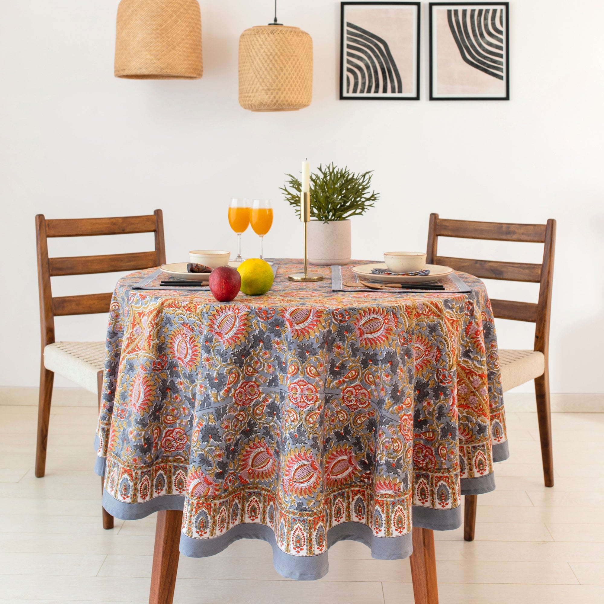 Grey Block Printed Round Tablecloth 90 Inch Tablecloth - Etsy
