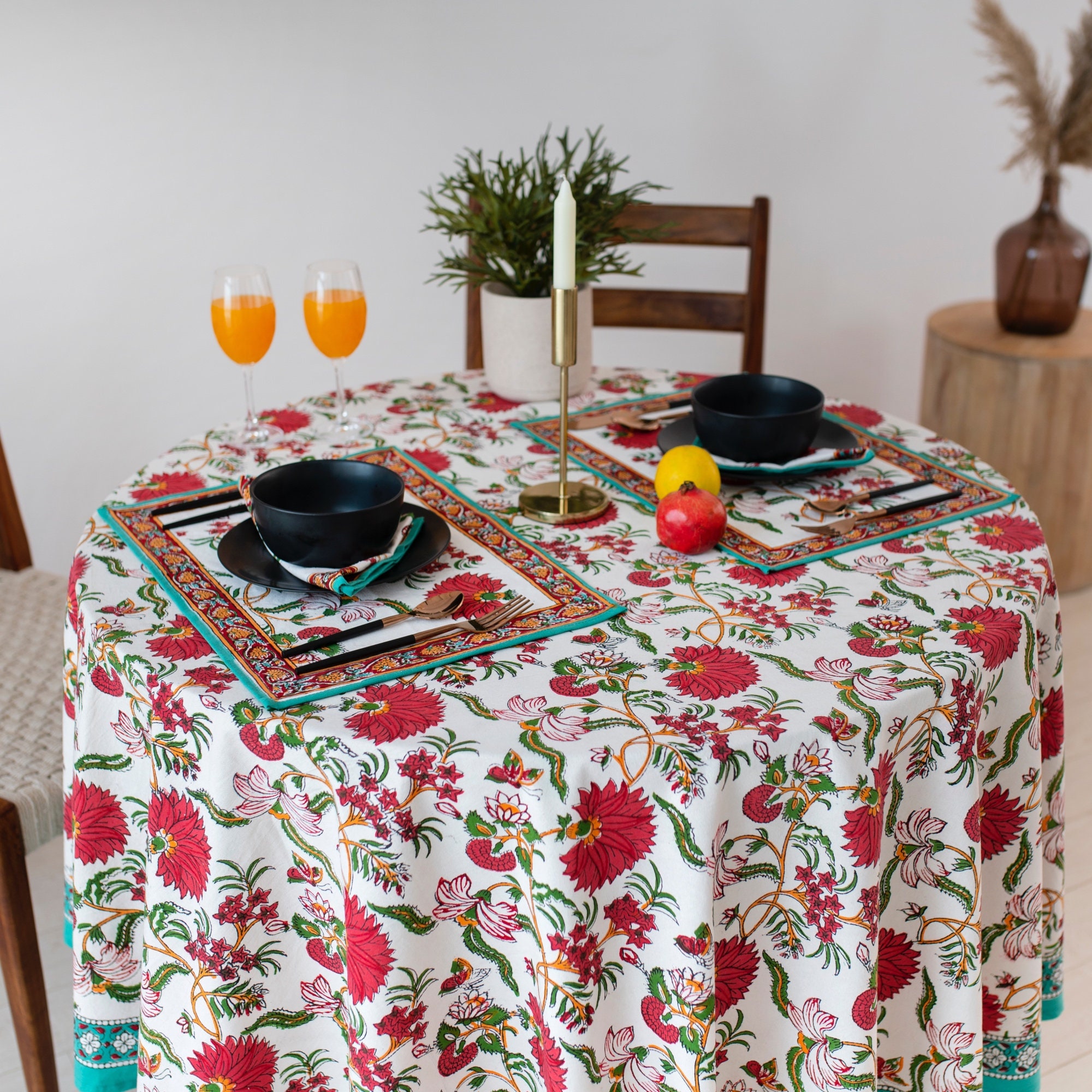 Indian Block Printed Round Tablecloth Floral Cotton - Etsy