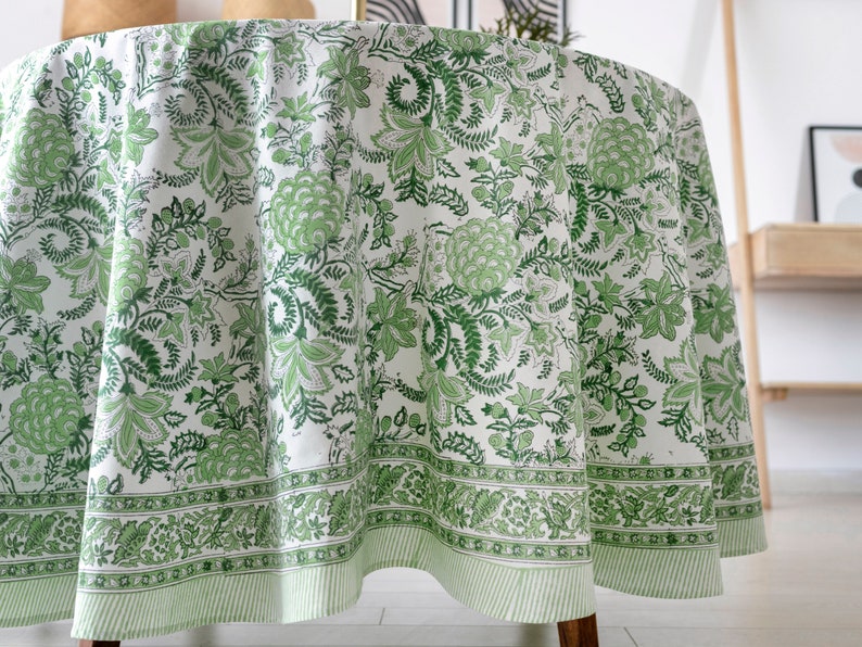 Round Cotton Tablecloth: Green Floral Block Print, Christmas Decor - Etsy