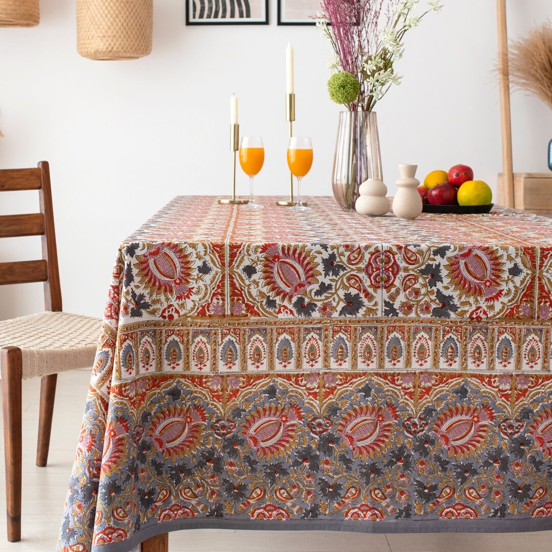 Gray Indian Block Print Tablecloth, Floral Cotton Table Cover ...