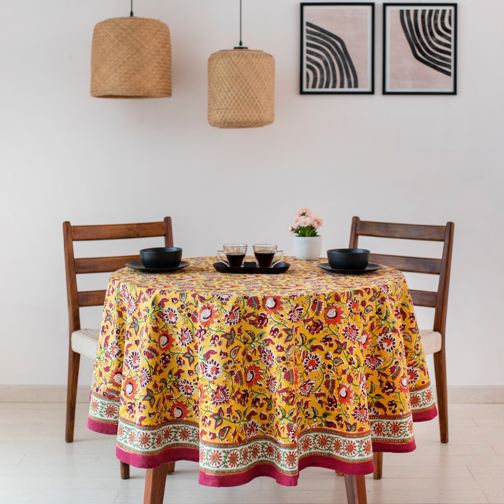 Gold Dust Floral Round Tablecloth Indian Block Printed Round - Etsy
