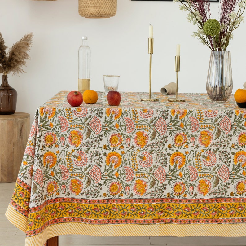 Burnt Orange, Tangerine With Green Floral Tablecloth, Indian Hand Block ...