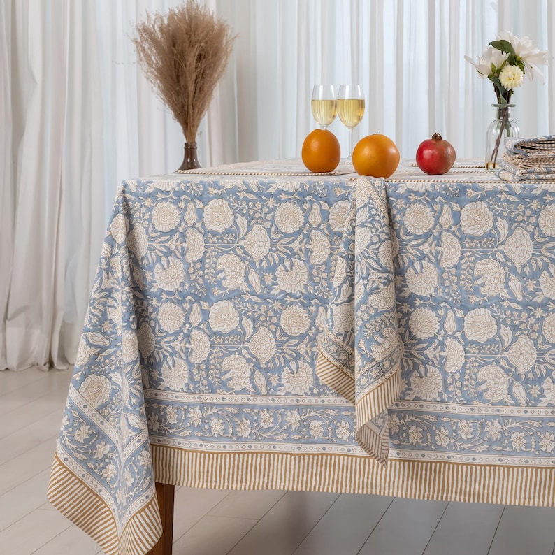 Dusty Blue & Soft Beige Hand Block Printed With Floral and Leafy Motifs ...