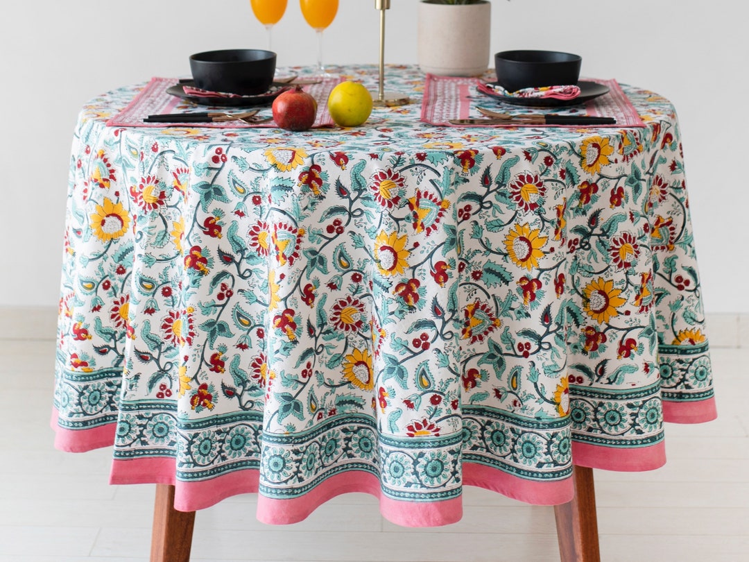 Block Printed Round Tablecloth, Floral Cotton Table Cover, Circle ...