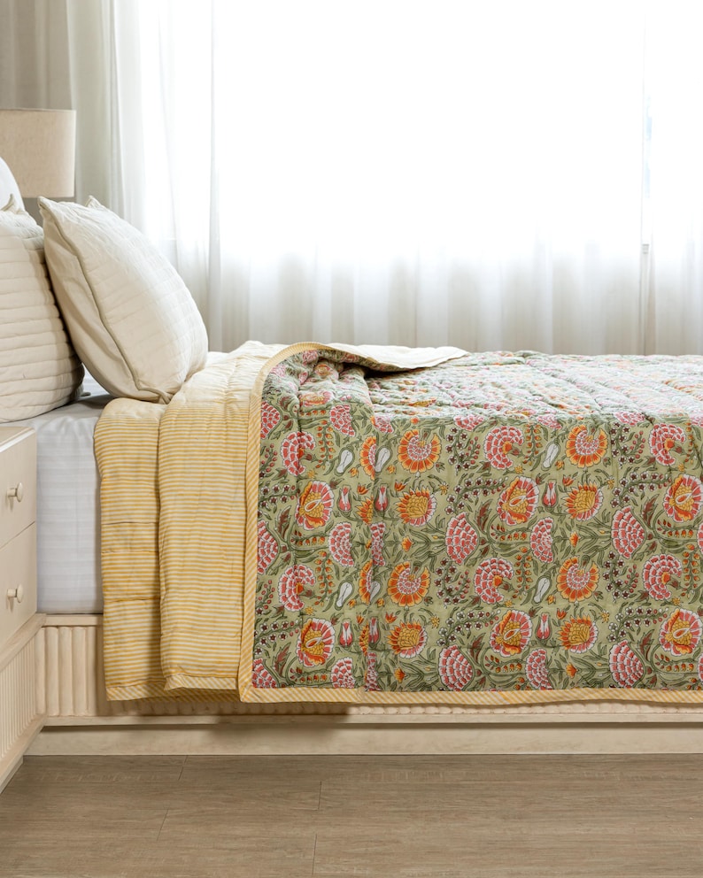 Hand Block Print Cotton Quilt: Burnt Orange Marigold Floral, Reversible ...