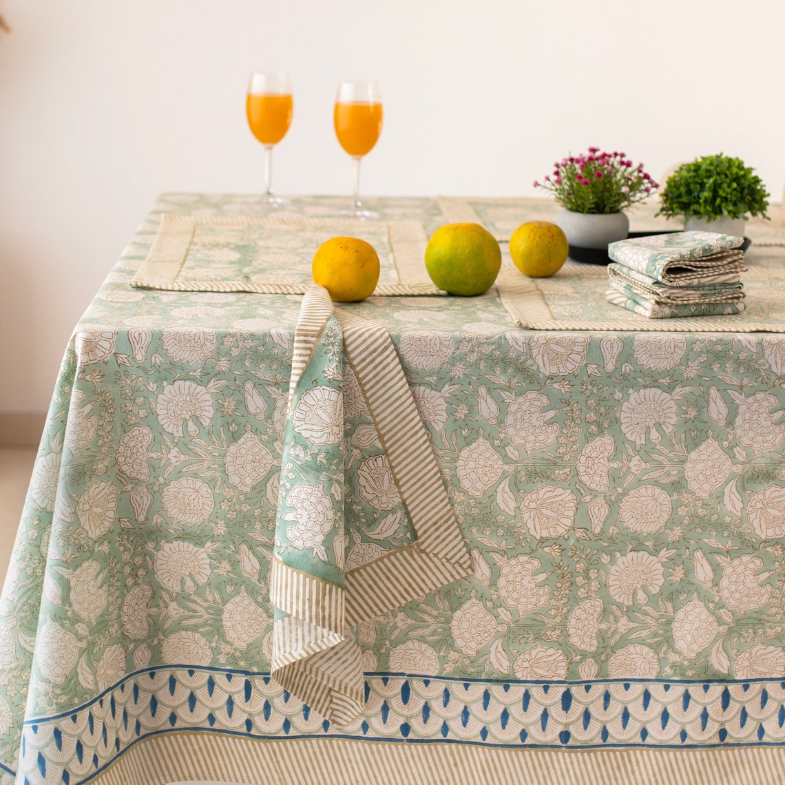 Sage Green Floral Tablecloth Block Printed Tablecloth Cotton - Etsy