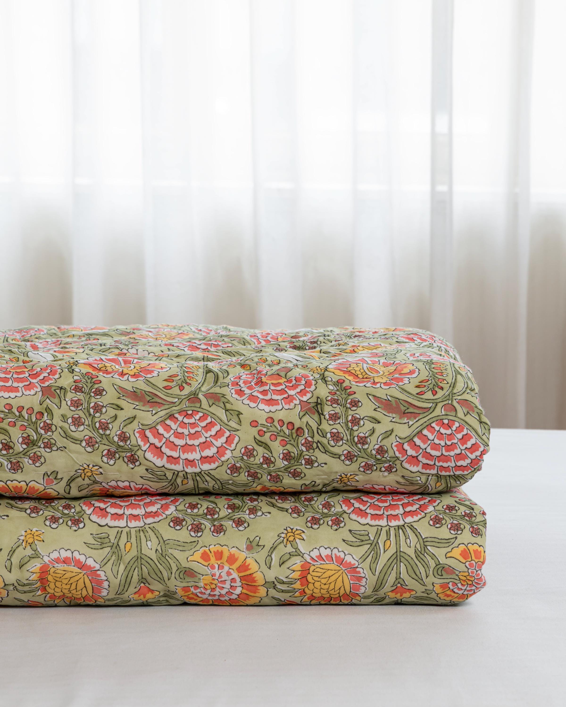 Hand Block Print Cotton Quilt: Burnt Orange Marigold Floral, Reversible ...