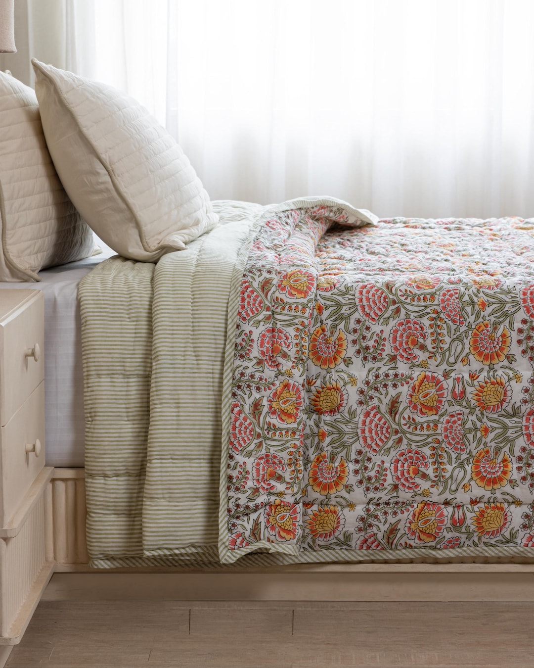 Marigold Hand Block Print Cotton Quilt: Reversible Floral Stripe ...