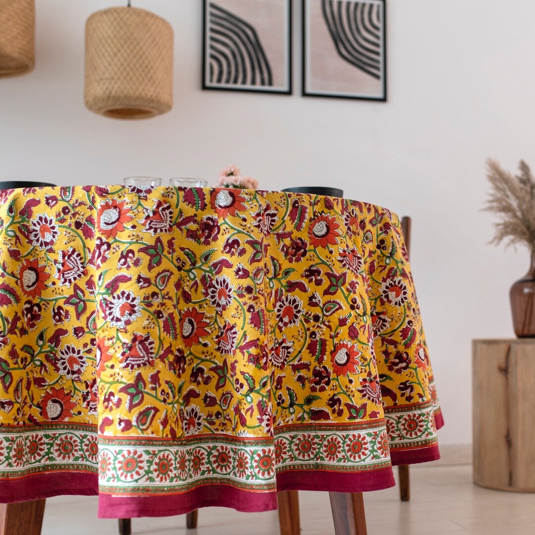 Gold Dust Floral Round Tablecloth, Indian Block Printed Round Table ...