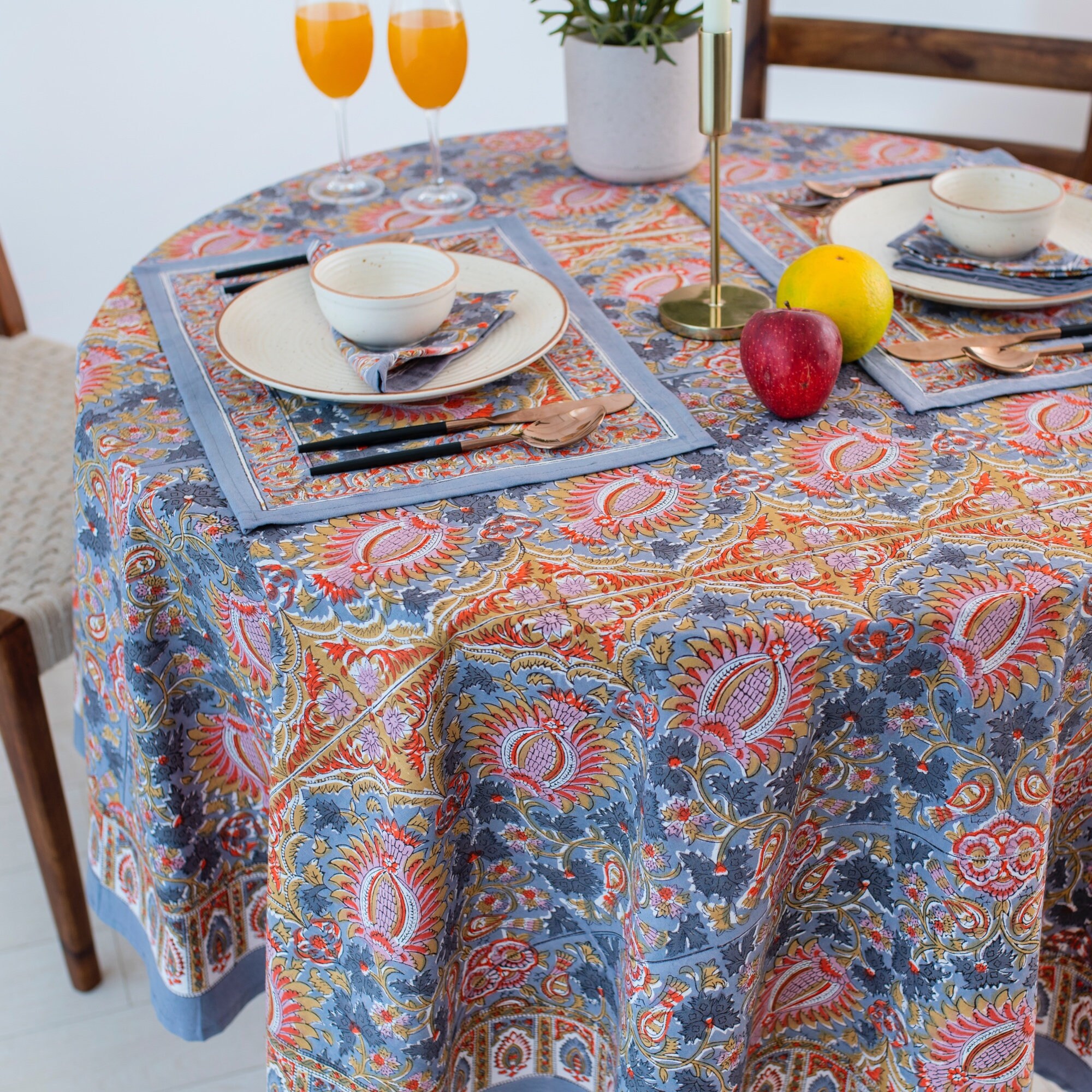 Grey Block Printed Round Tablecloth, 90" Inch Tablecloth, French Round ...