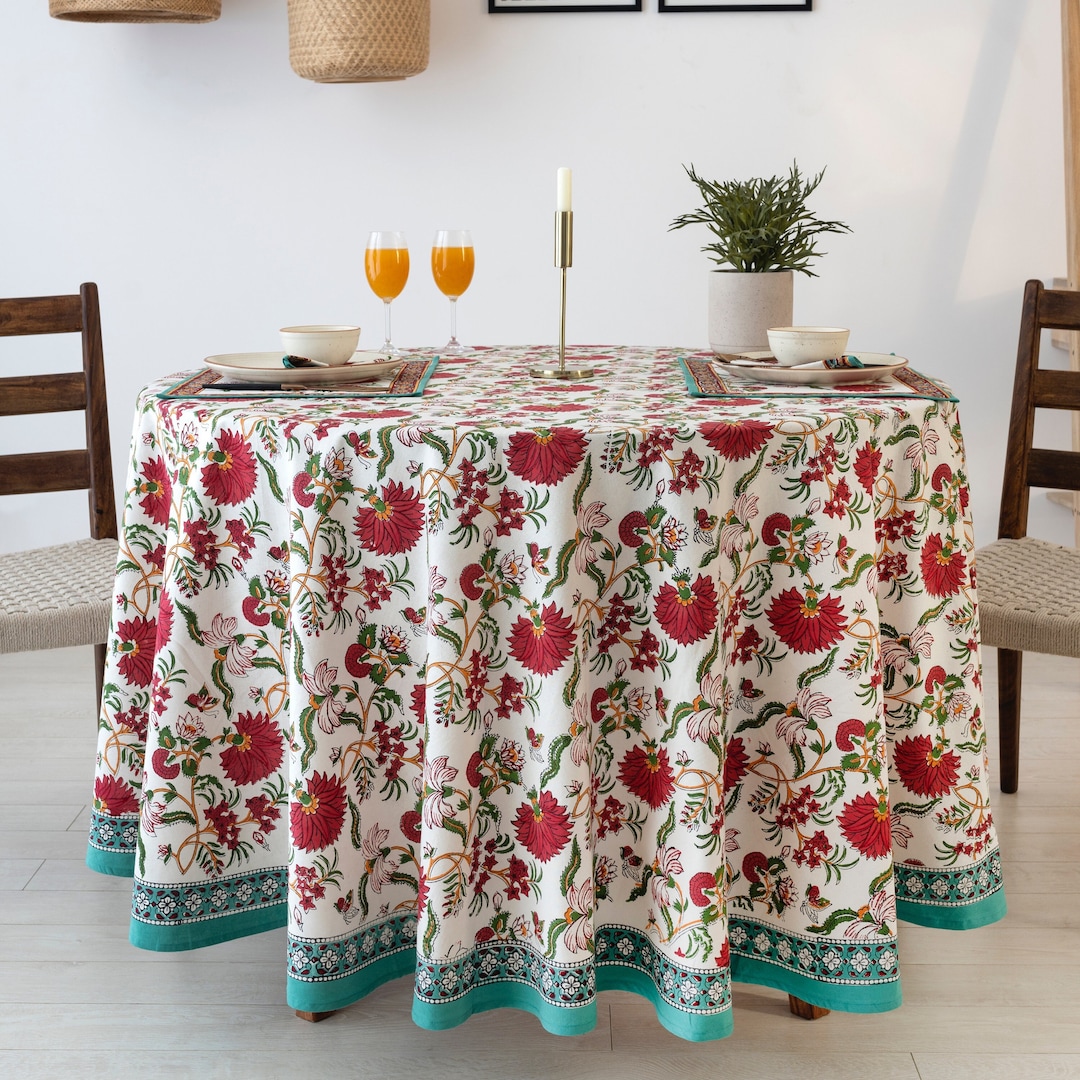 Indian Block Printed Round Tablecloth, Floral Cotton Tablecloth, Round ...