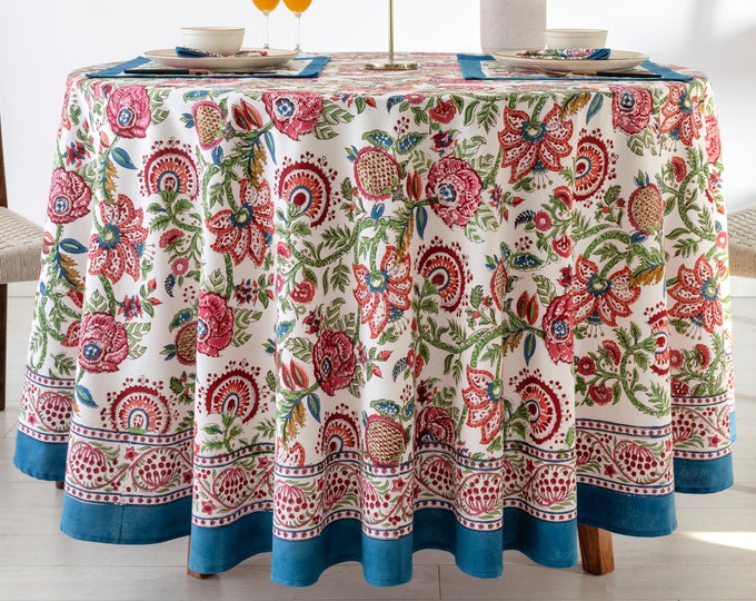 Floral Round Tablecloth, Indian Block Printed Round Table Cover, 90 ...
