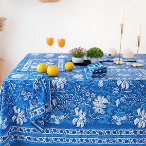 Royal Blue Handmade Block Printed Tablecloth, Printed Table Cover Linen ...