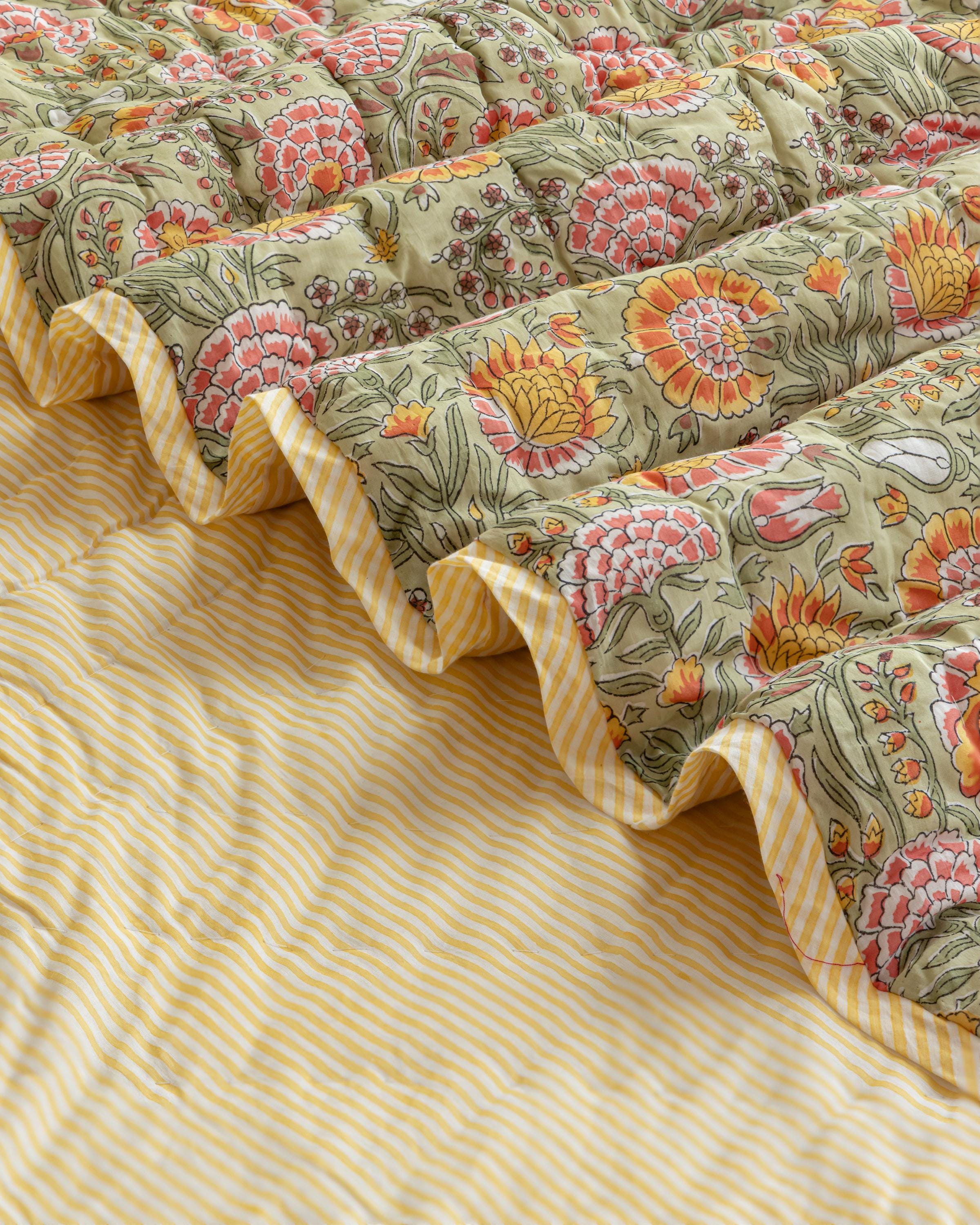 Hand Block Print Cotton Quilt: Burnt Orange Marigold Floral, Reversible ...