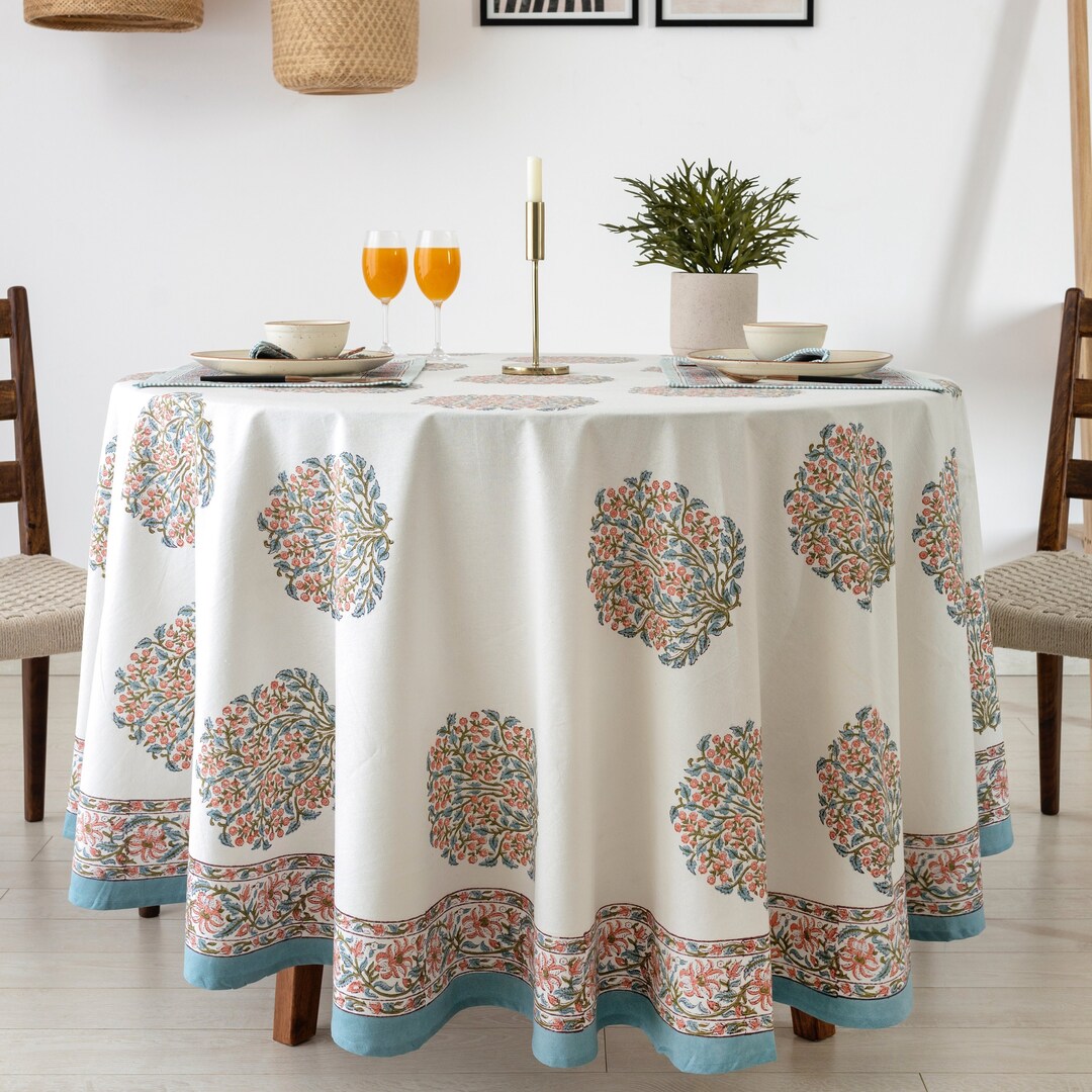 White Cotton Indian Block Print Tablecloth, Floral Round Tablecloth ...