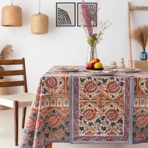 Gray Indian Block Print Tablecloth, Floral Cotton Table Cover ...