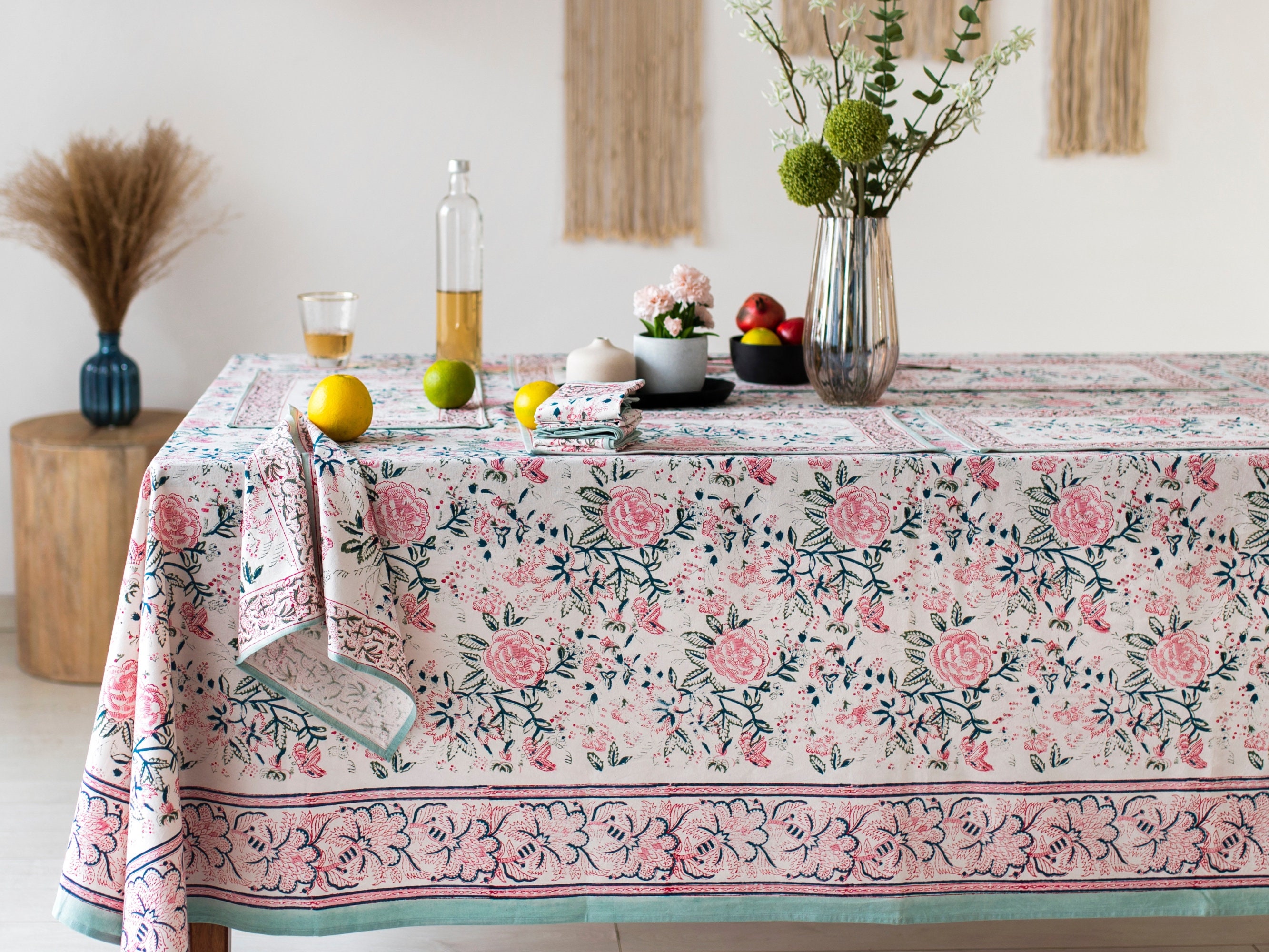 White Rose Handmade Block Printed Tablecloth Indian Table - Etsy