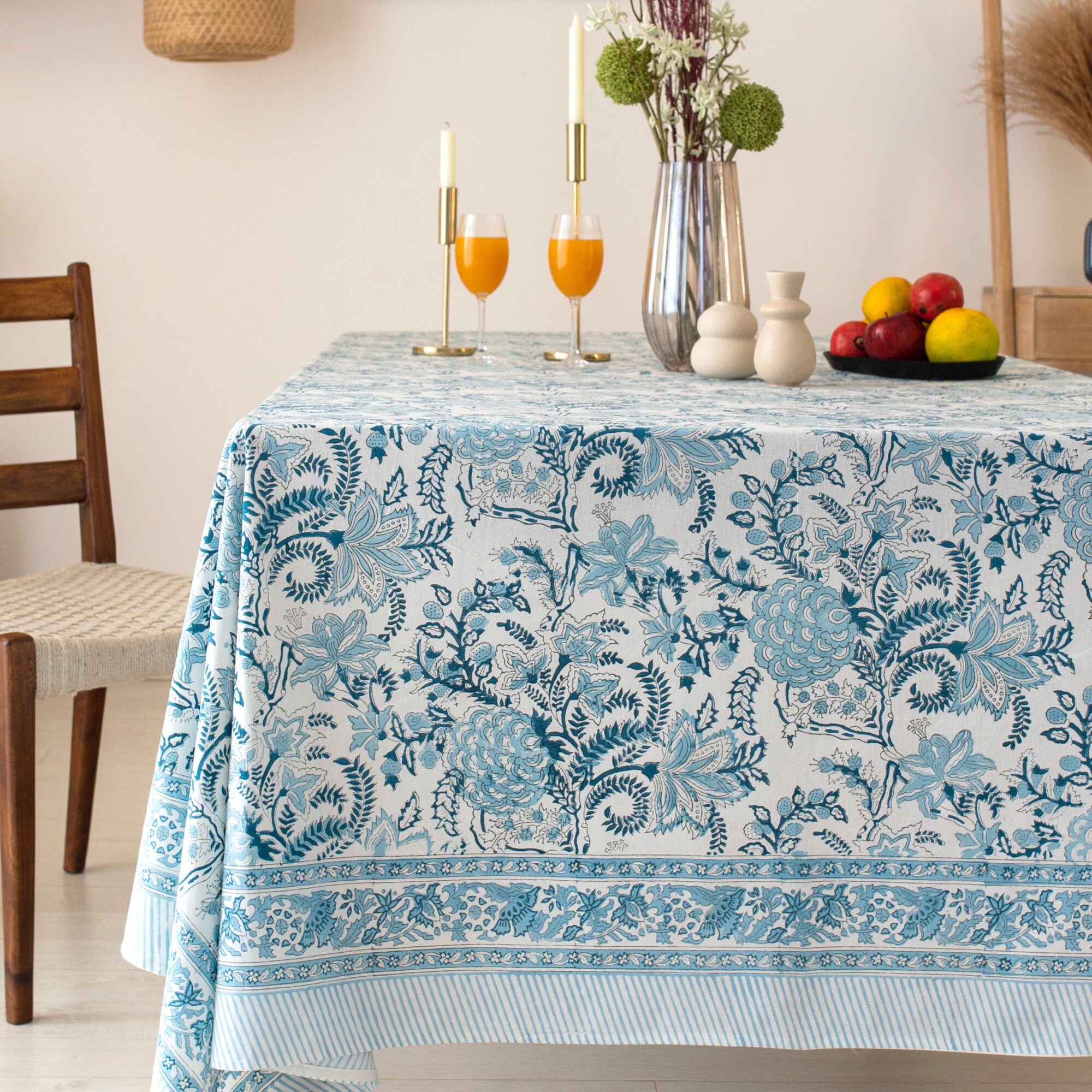 Light Sky Blue White Indian Block Printed Tablecloth Cotton - Etsy