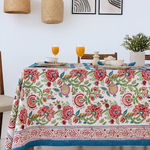 Prune Red, White, Peacock Blue Indian Hand Block Printed Floral ...