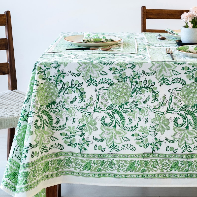 Hand Block Printed Moss Green Floral Tablecloth: Indian Cotton Table ...